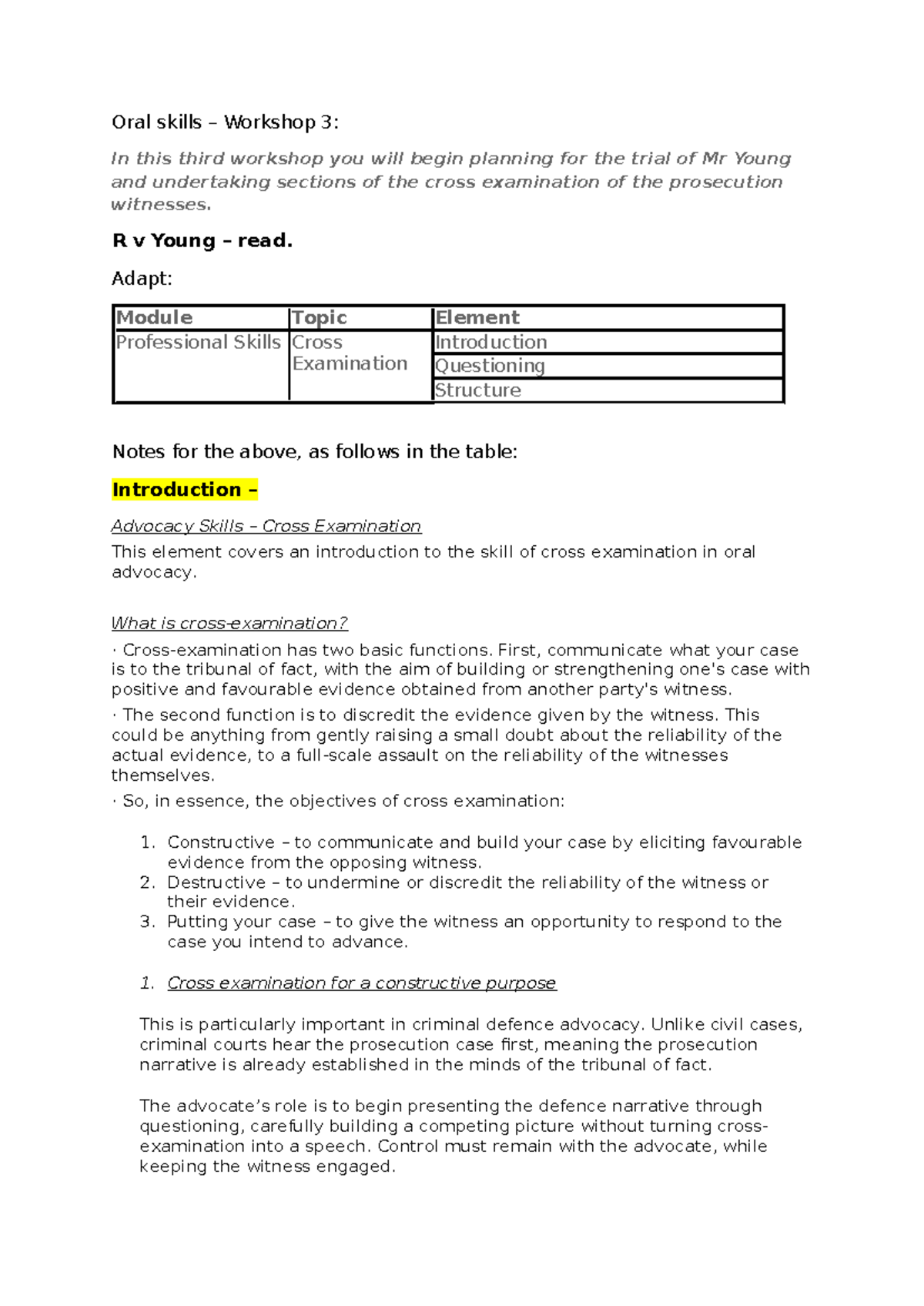 Oral Skills WS 3: Cross Examination Techniques in R v Young - Studocu