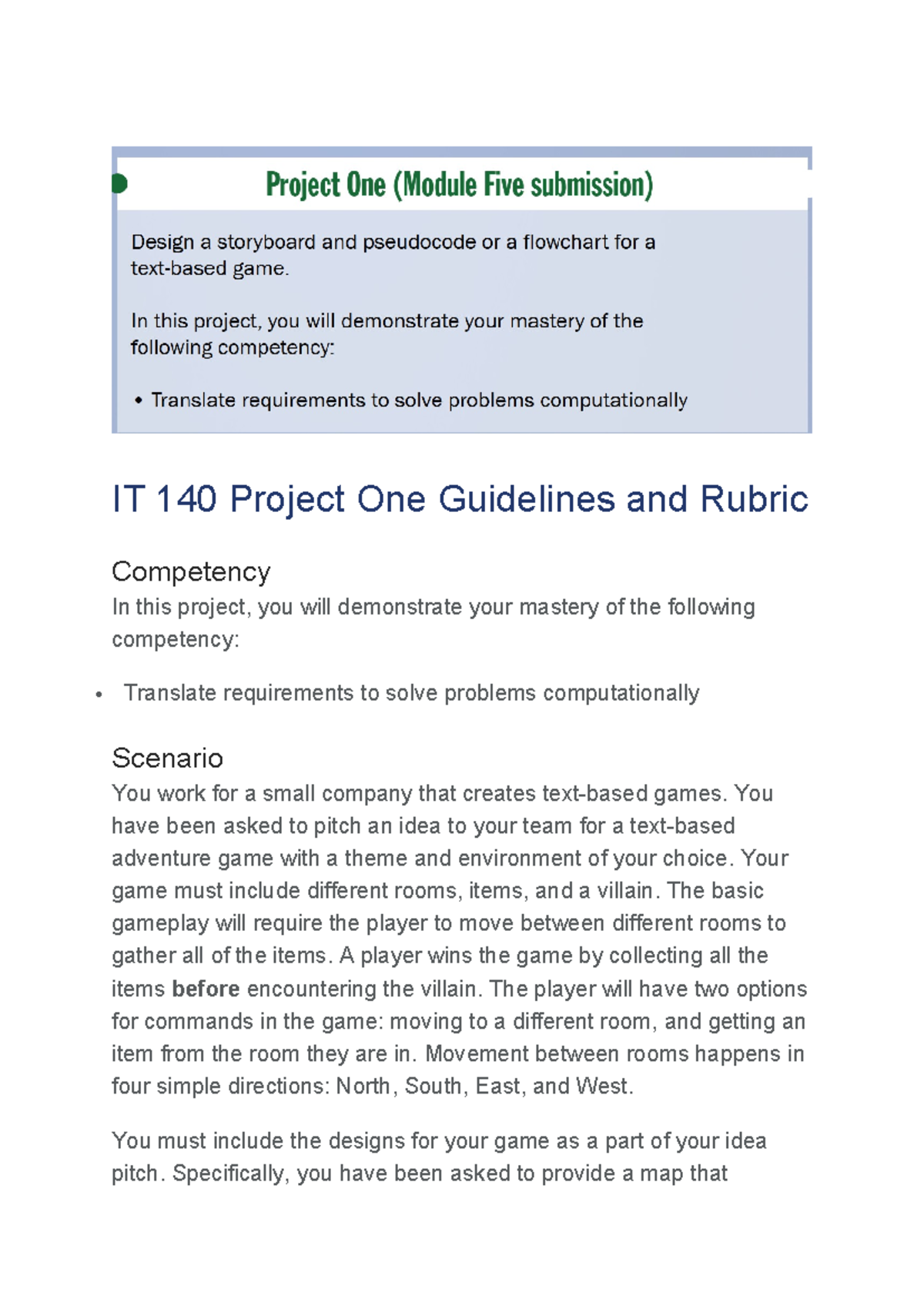 IT 140 Project One: Adventure Game Design Guidelines and Rubric - Studocu