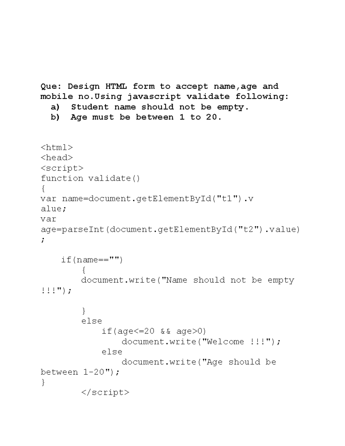 JavaScript Programs for Form Validation and User Input Handling - Studocu