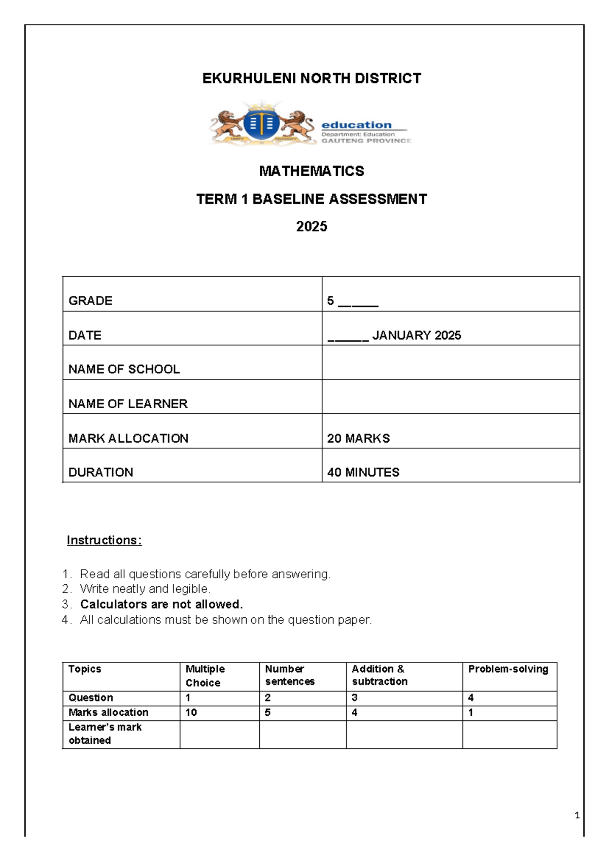 2025 Grade 5 Mathematics Term 1 Baseline Assessment - Studocu