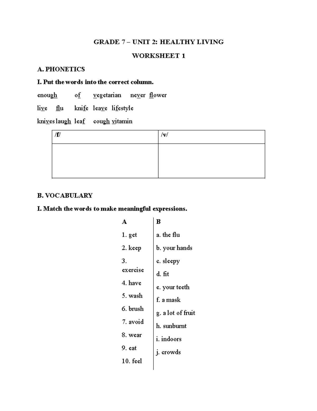 UNIT 2 GRADE 7: HEALTHY LIVING WORKSHEET 1 - Studocu