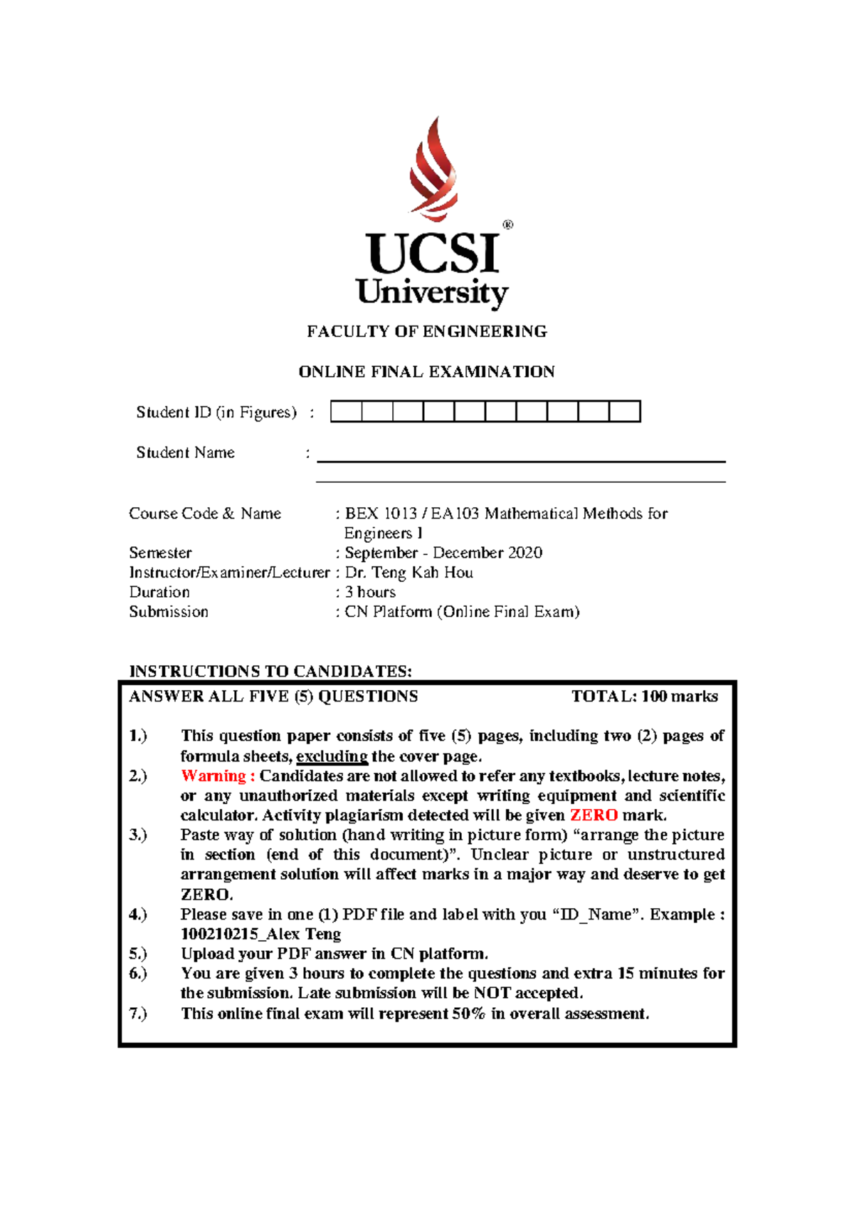 BEX 1013 EA103 Final Exam Questions & Solutions - Sept 2020 - Studocu