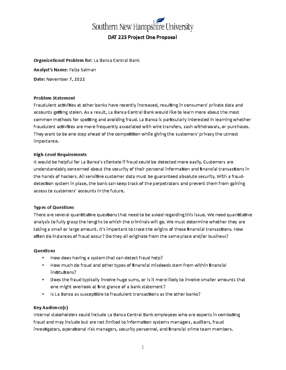 DAT-223 Project One Proposal: Tackling Fraud in La Banca Central Bank ...