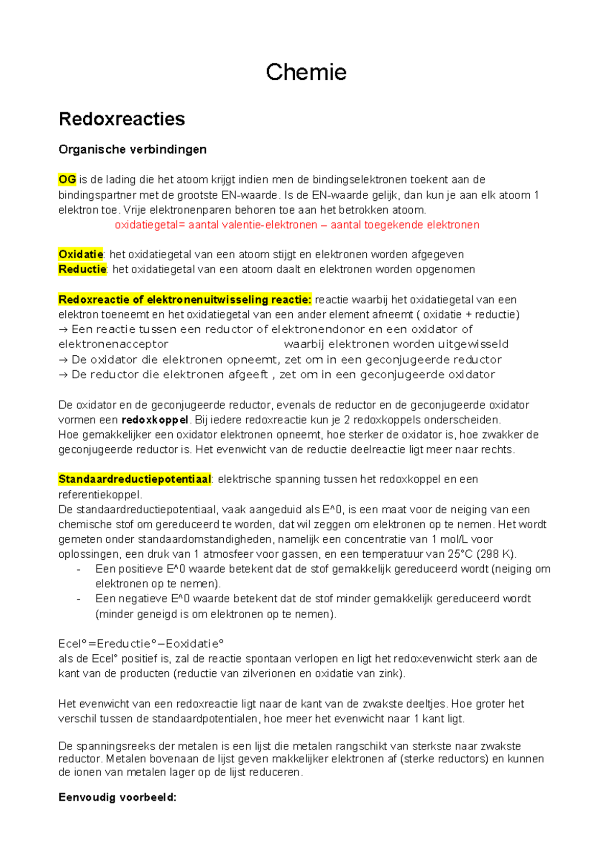 Chemie - Redoxreacties en Organische Verbindingen (Chem 101) - Studocu