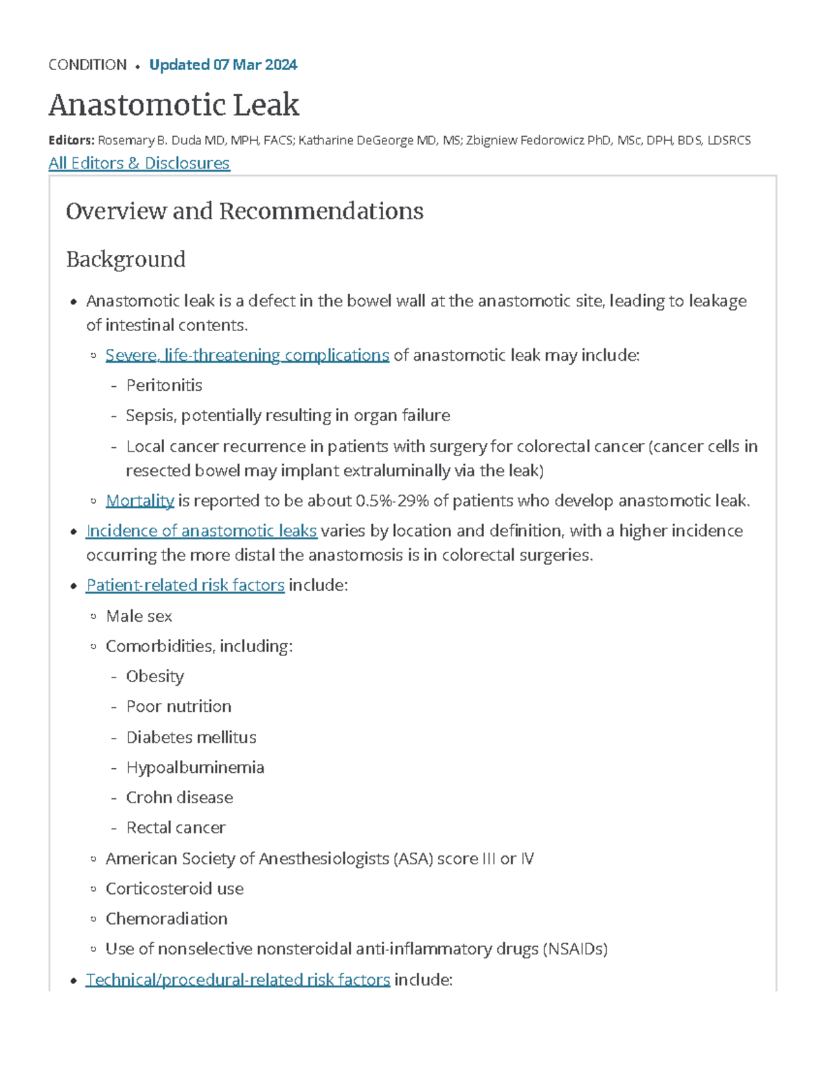 Anastomotic Leak Overview and Recommendations - Dyna Med - Studocu