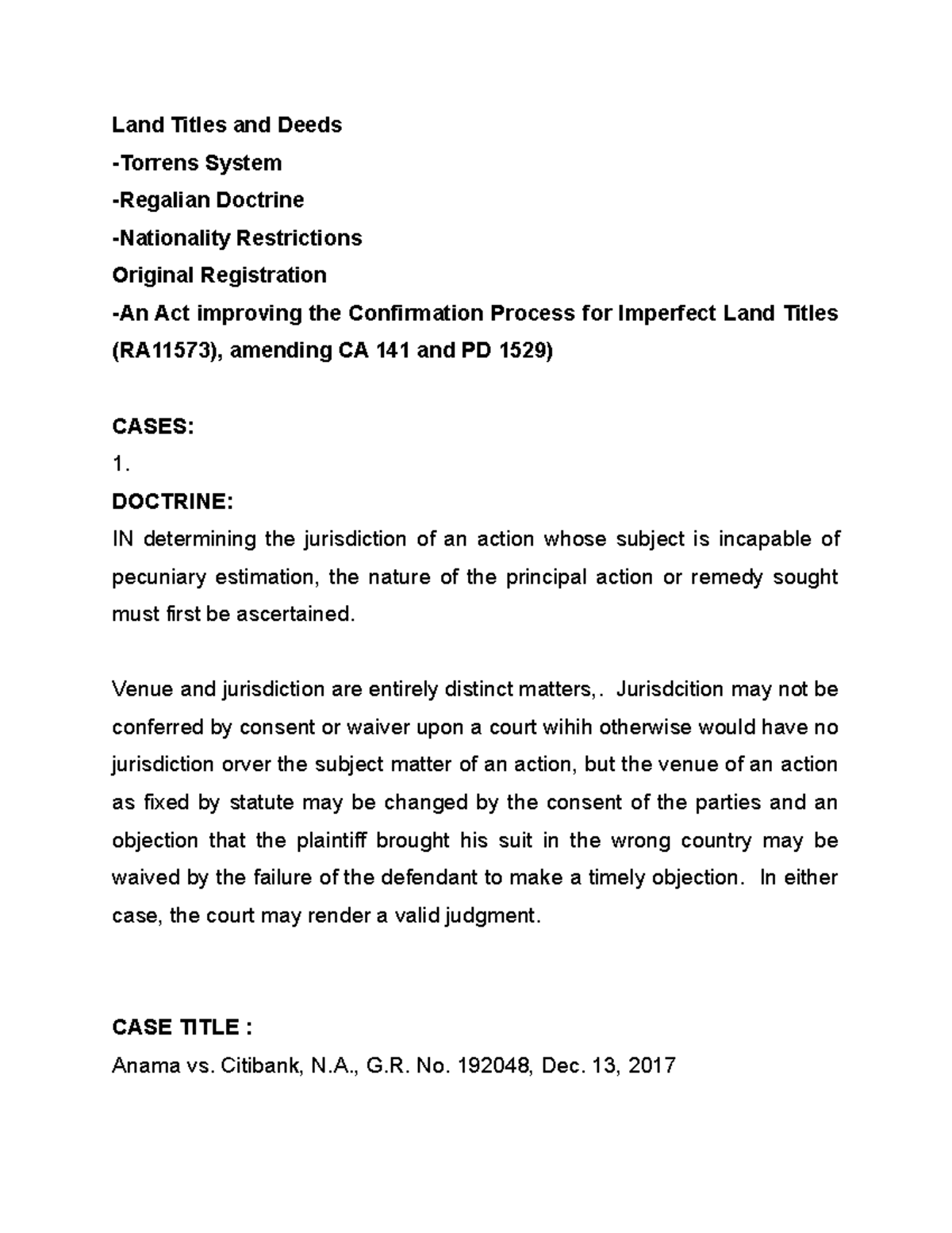 Land Titles and Deeds Cases: Digest 12 Overview for Law 101 - Studocu