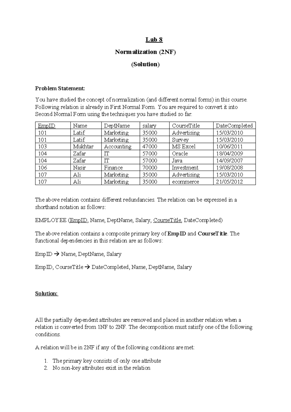 Lab 8: Normalization to 2NF - Solution Overview - Studocu