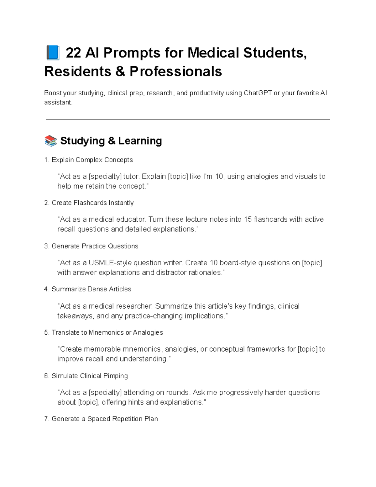 22 AI Prompts for Medical Students - FDSAF Study Guide - Studocu