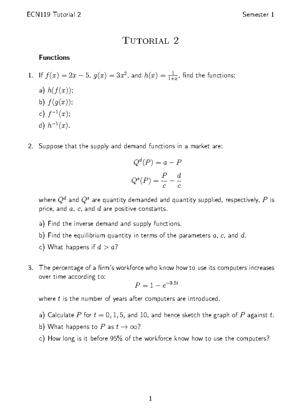 ECN119 Semester 1 Tutorial 2: Functions and Market Equilibrium Analysis ...