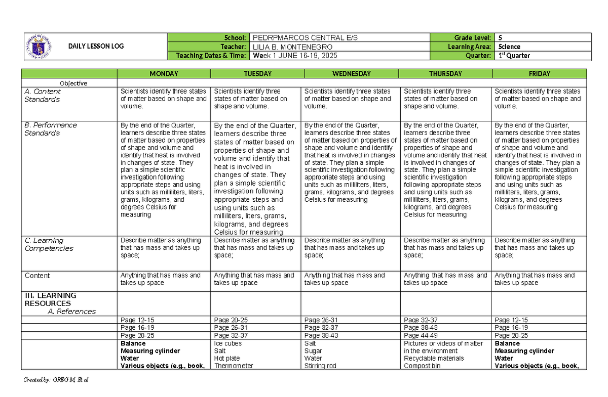 Science 5 Q1 Lesson Log: Understanding States of Matter - Studocu