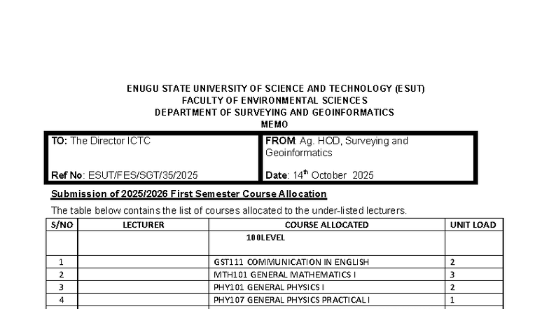 Course Allocation 1ST 2025 2026 021413 - ENUGU STATE UNIVERSITY OF ...