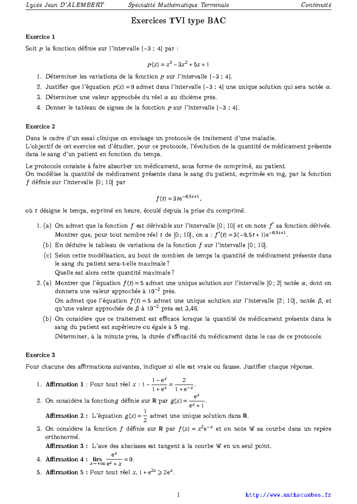Exos TVI-BAC - Exercices Corrigés Mathématiques Terminale - Studocu