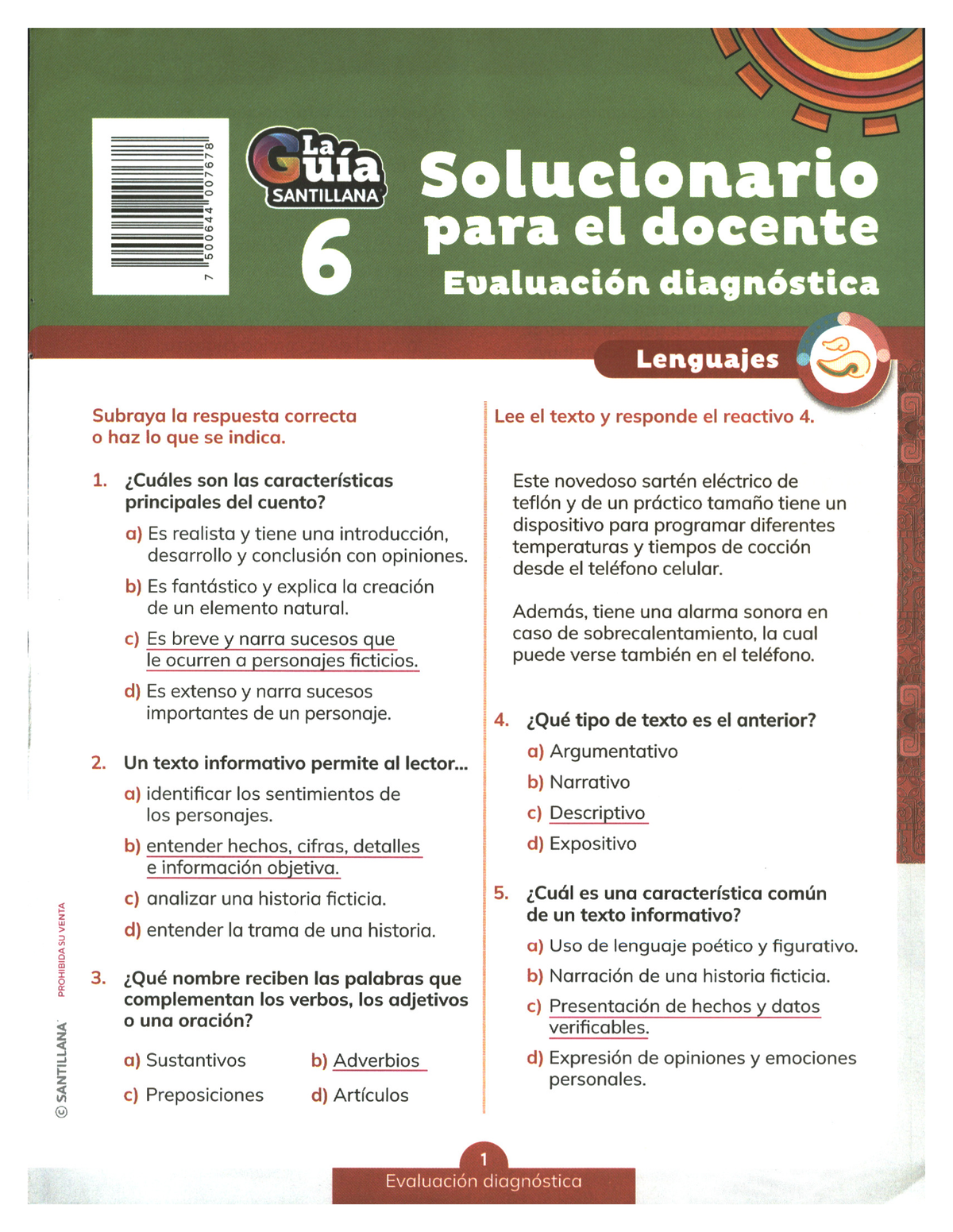 Evaluación Diagnostica-5 - La Solucionario SANTILLANA 6 para el docente Evaluación diagnóstica ...