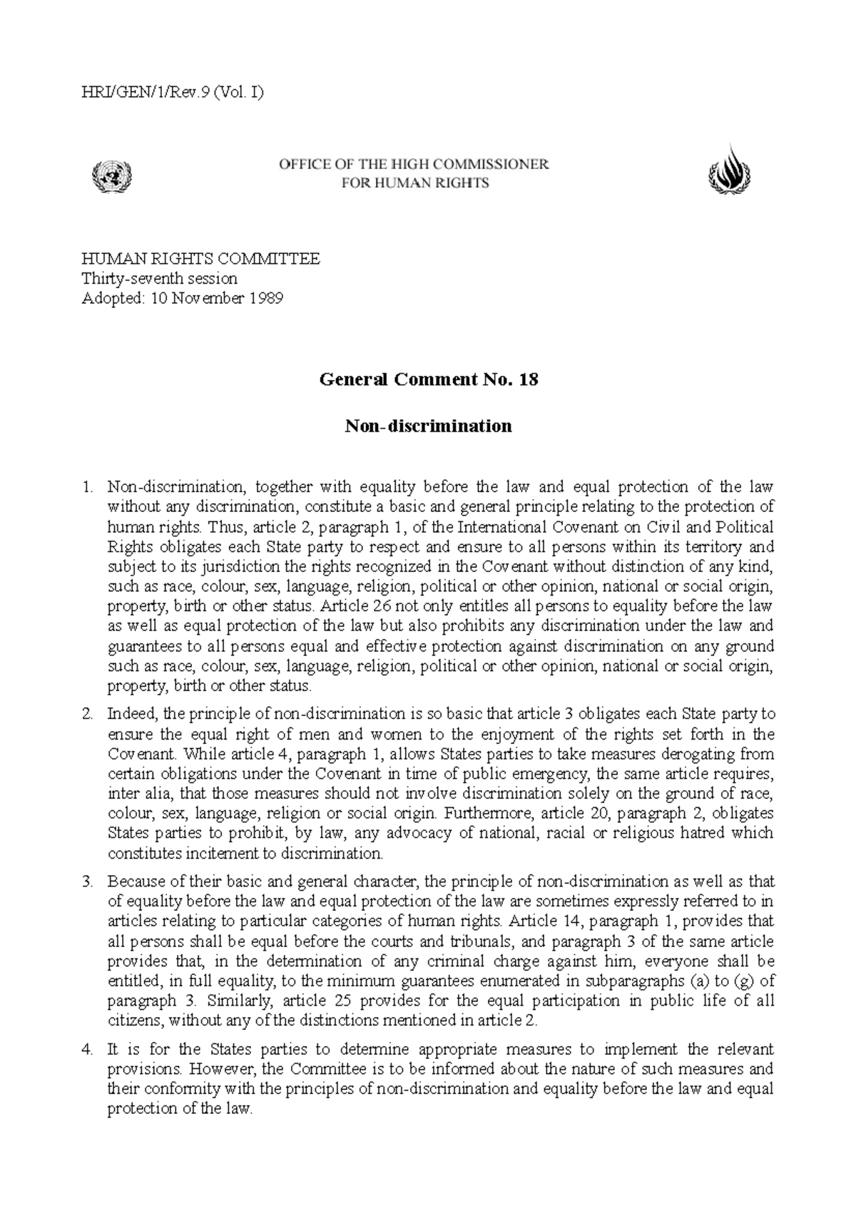 General Comment No. 18 on Non-Discrimination in Human Rights - Studocu