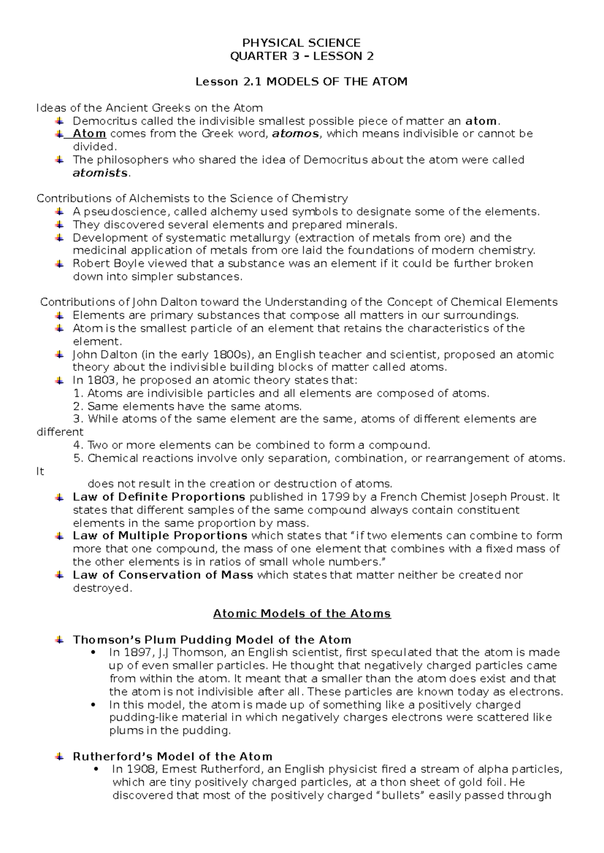 Q3 Lesson 2: Models of the Atom and Structure of Matter - Studocu