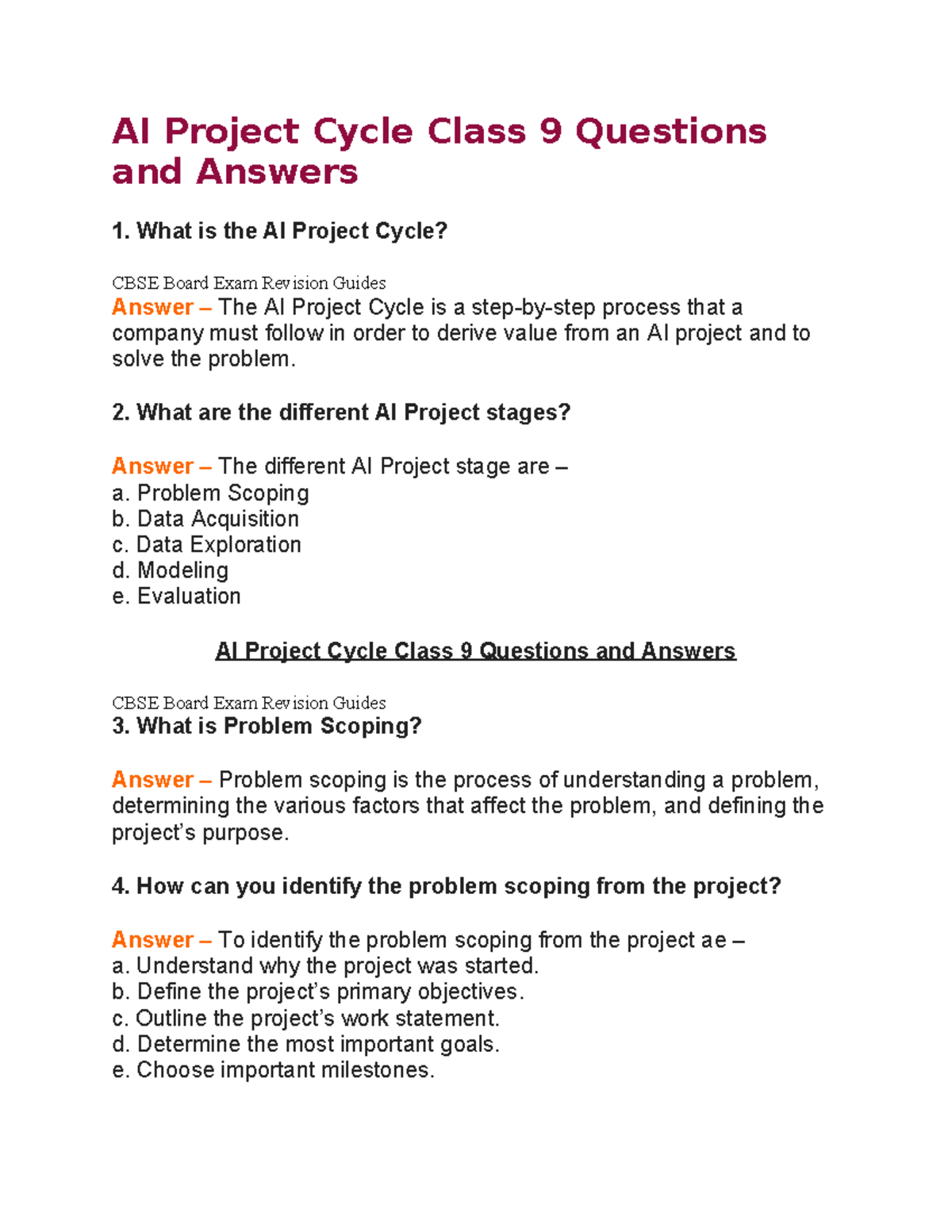 Ai Project Cycle Class 9 Key Questions And Answers For Cbse Revision