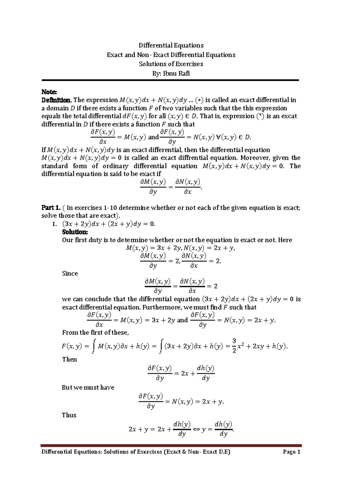 Differential Equations Solutions: Exact D.E Exercises (Ibnu Rafi) - Studocu