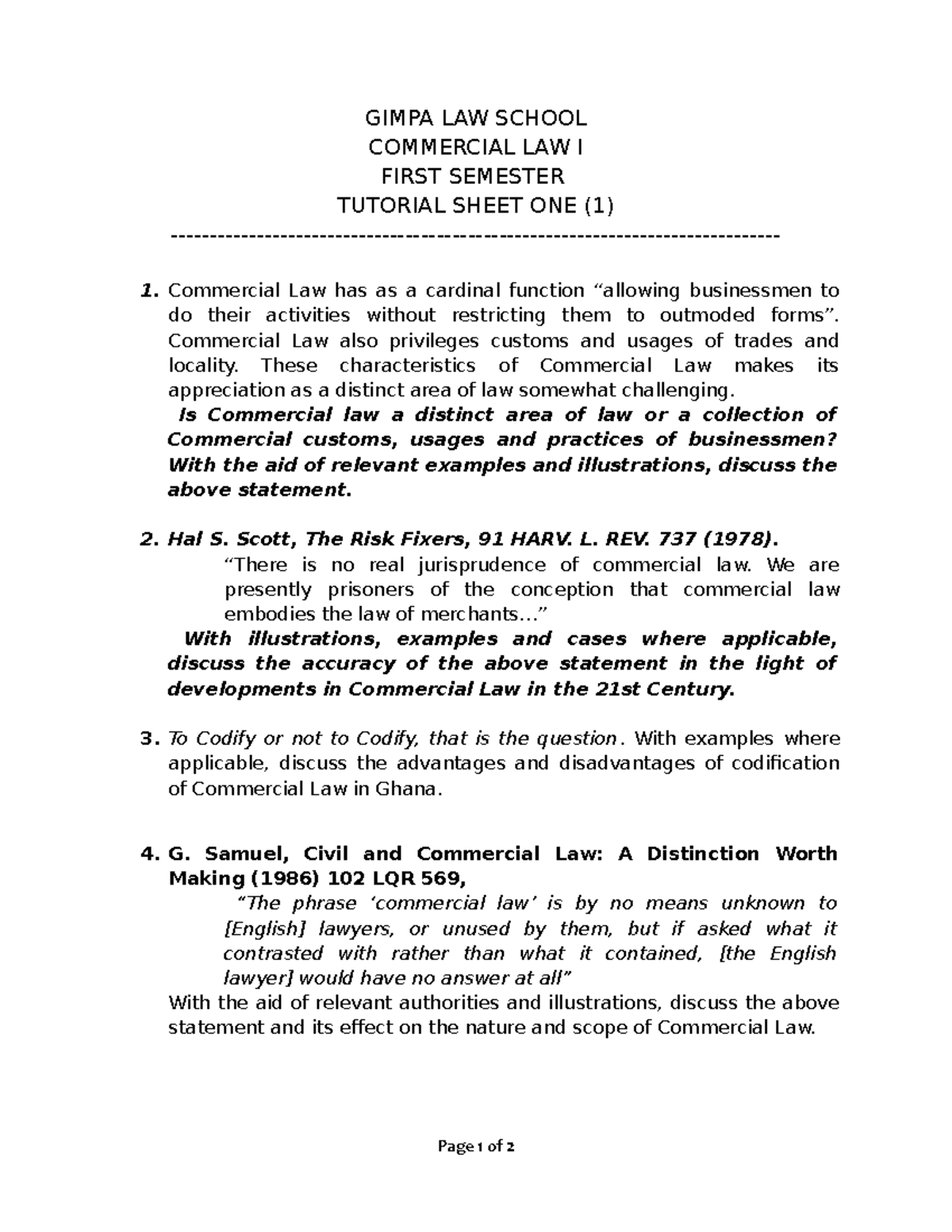 Commercial Law I Tutorial Sheet 1 - First Semester 2022 - Studocu