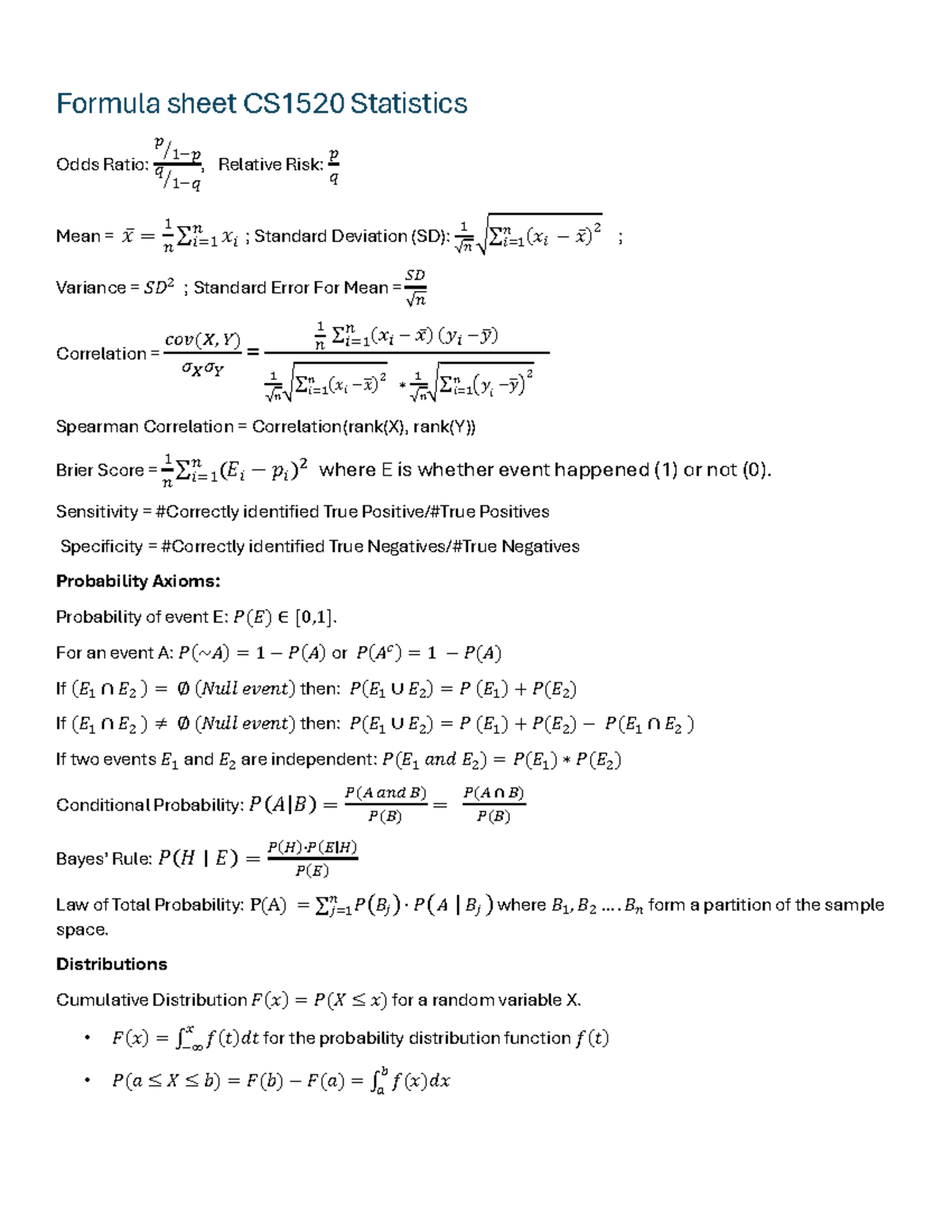 CS1520 Statistics Formula Sheet: Key Concepts & Formulas - Studeersnel