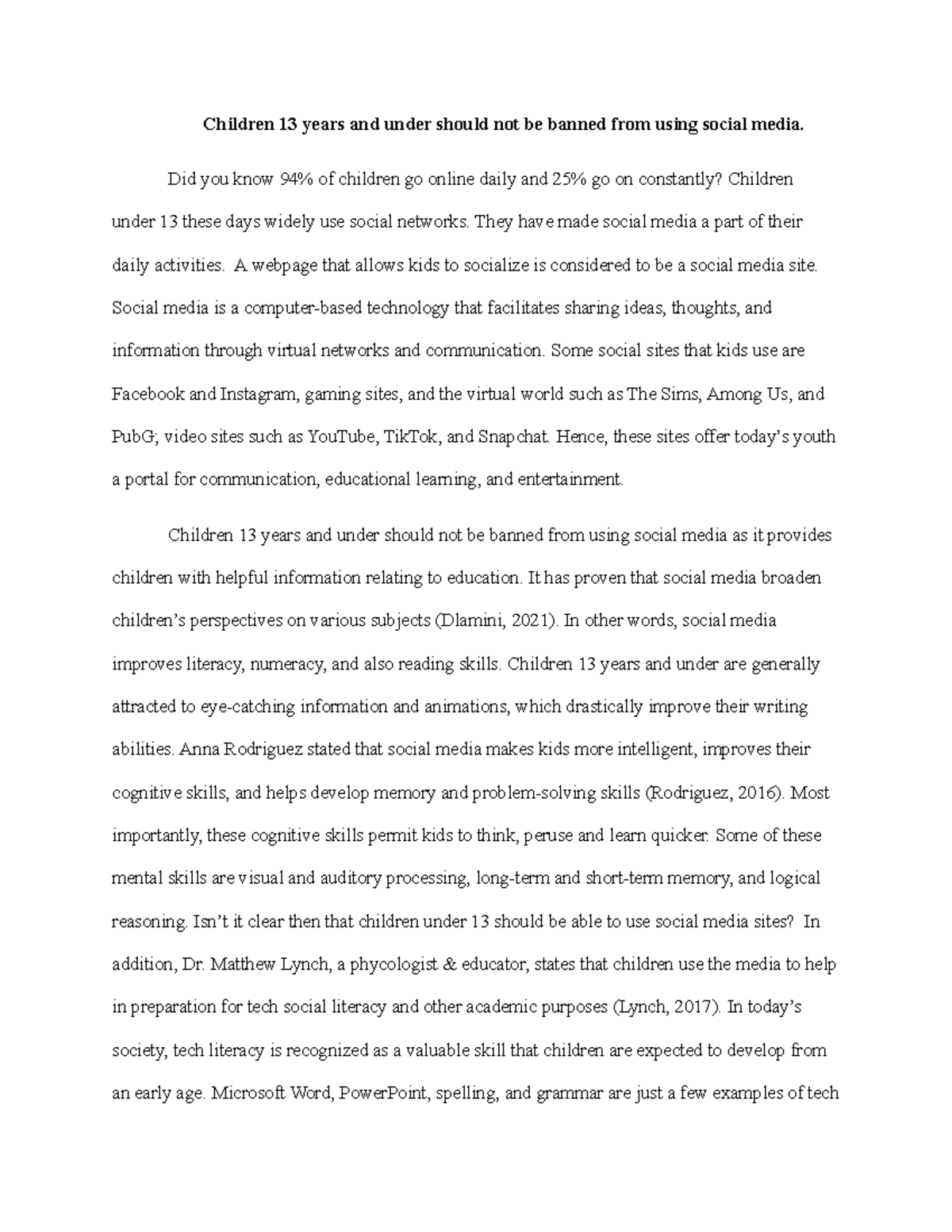 Argumentative Essay - Social Media Use for Kids Under 13 - Studocu