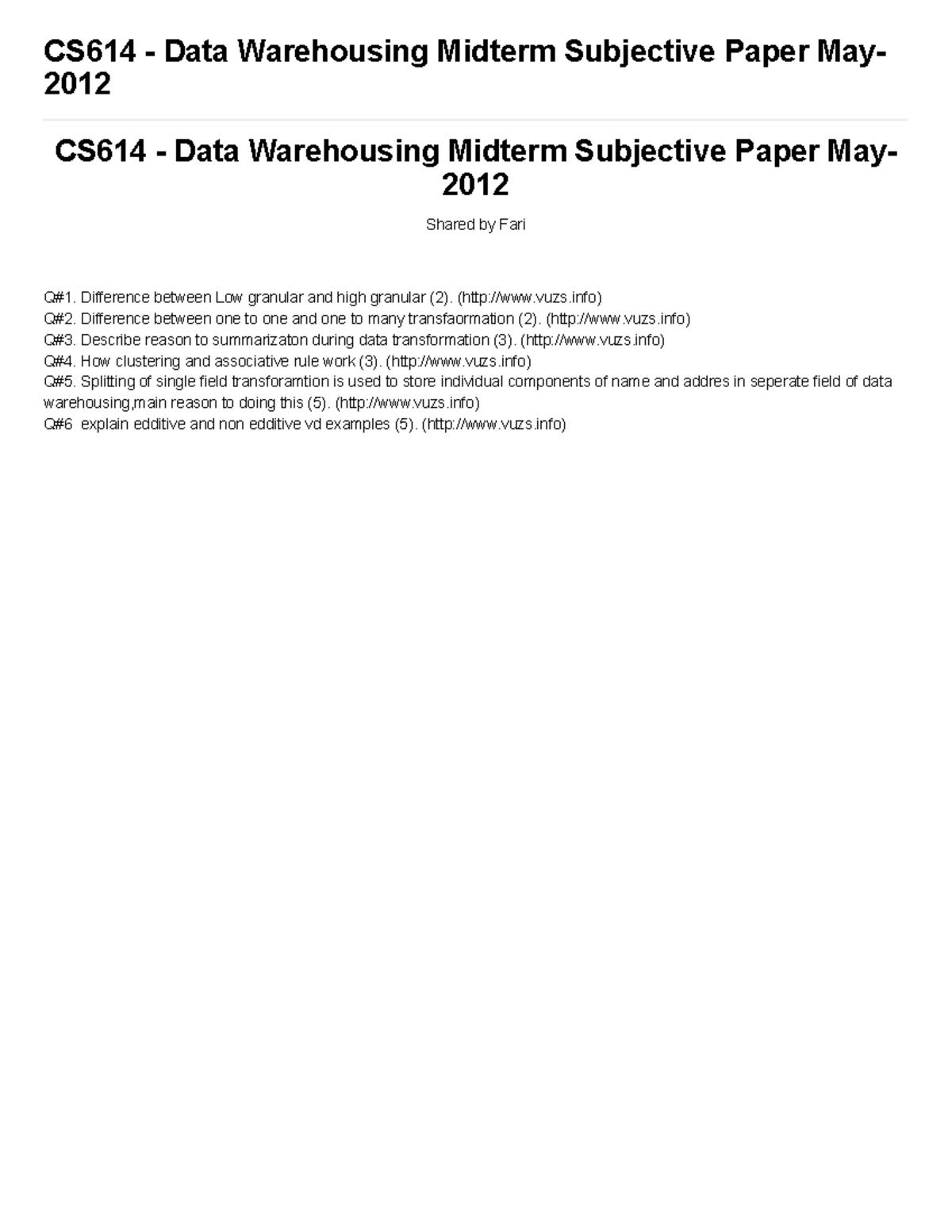CS614 - Data Warehousing Midterm Subjective Paper May-2012 - Difference ...