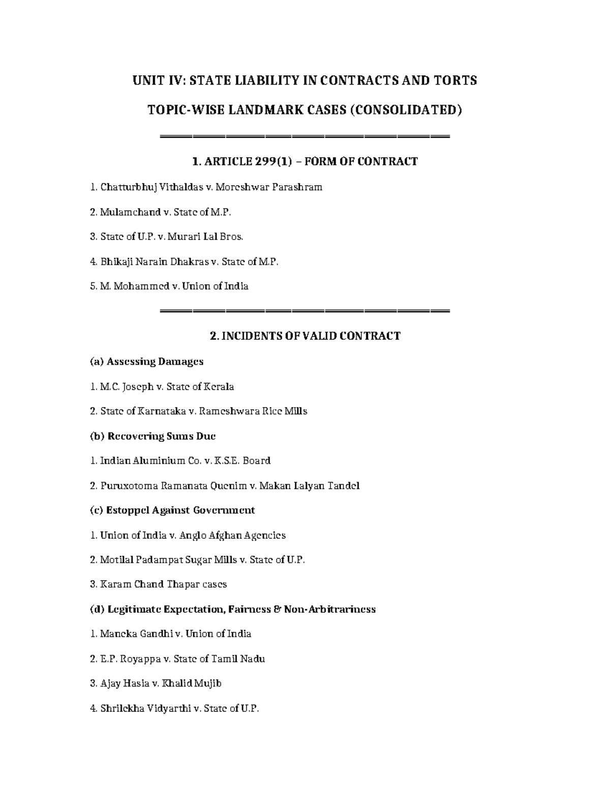 UNIT IV: Landmark Cases on State Liability in Contracts & Torts - Studocu