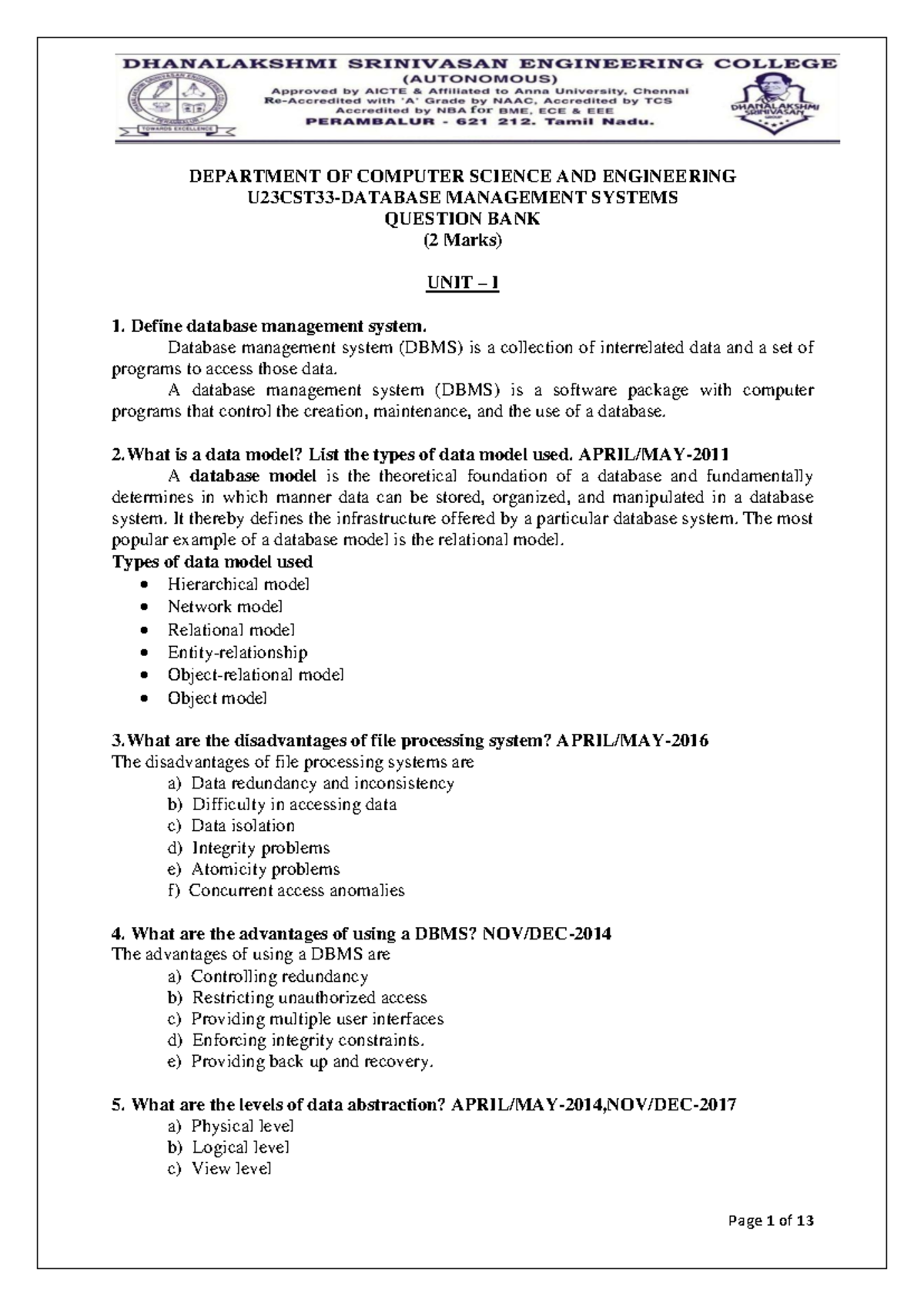 DBMS (2 Marks) Question Bank - Computer Science & Engineering - Studocu