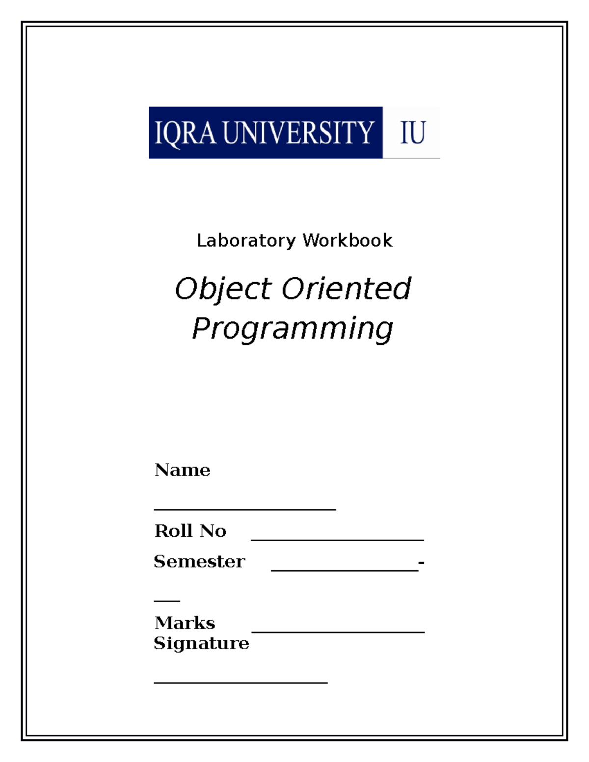 Oop Lab Manual Unsolved Object Oriented Laboratory Workbook Object