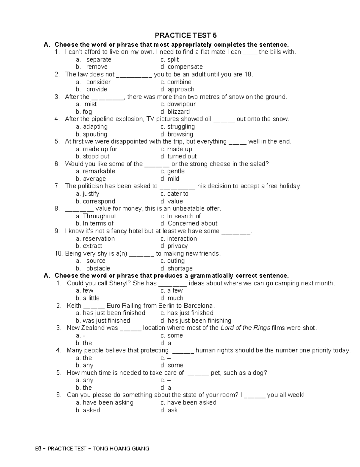 Practice test 5 - vocabulary and grammar exercises - Studocu