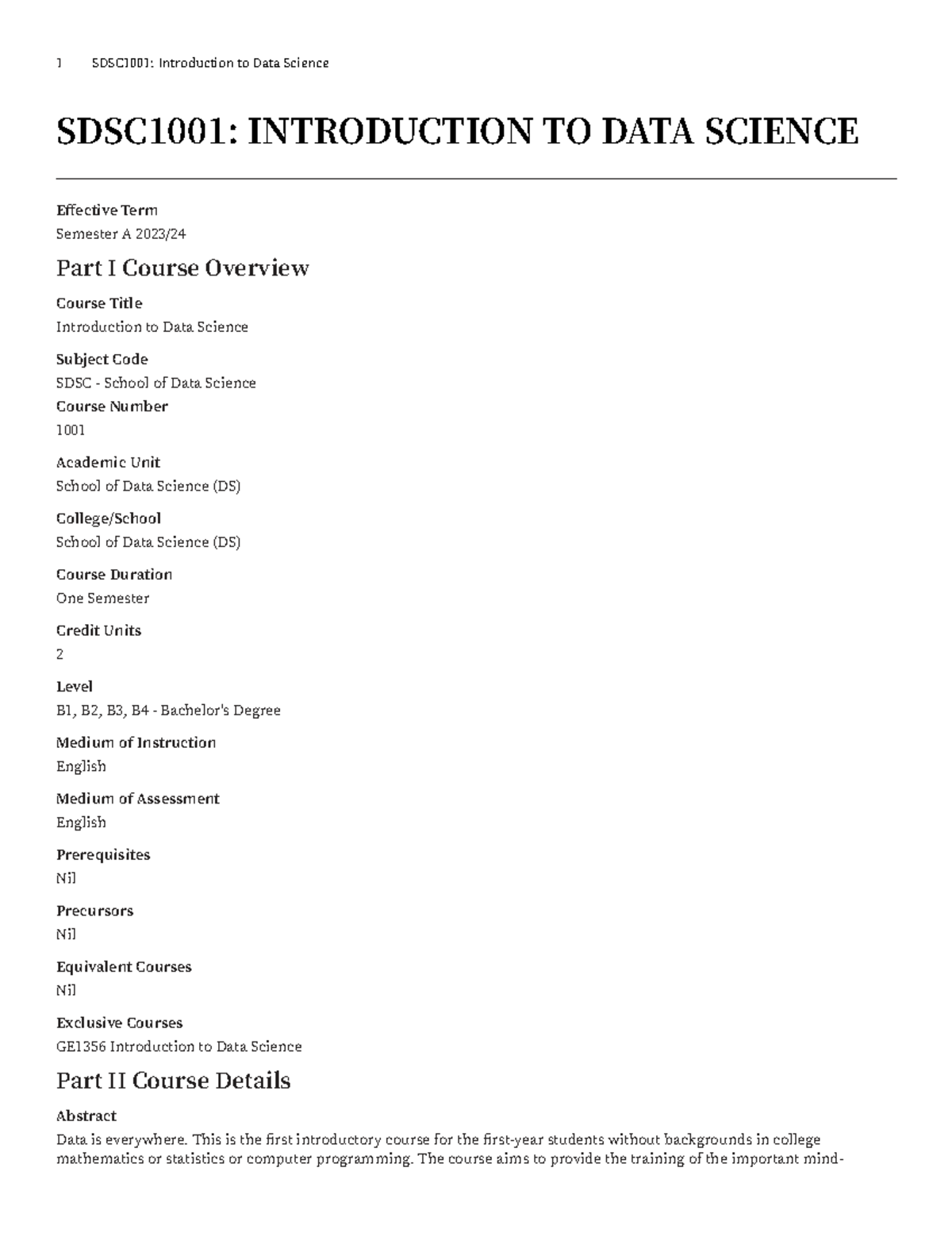 SDSC1001: Introduction to Data Science Course Outline and Overview ...