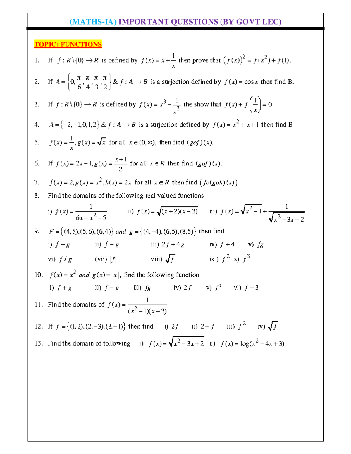 IMP Questions on Functions, Induction, Matrices, Vectors, and ...