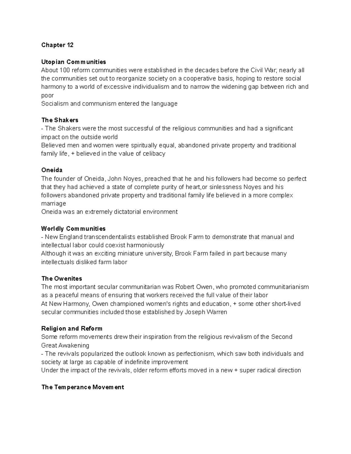 Chapter 12: Utopian Communities and Reform Movements (HIST 101) - Studocu