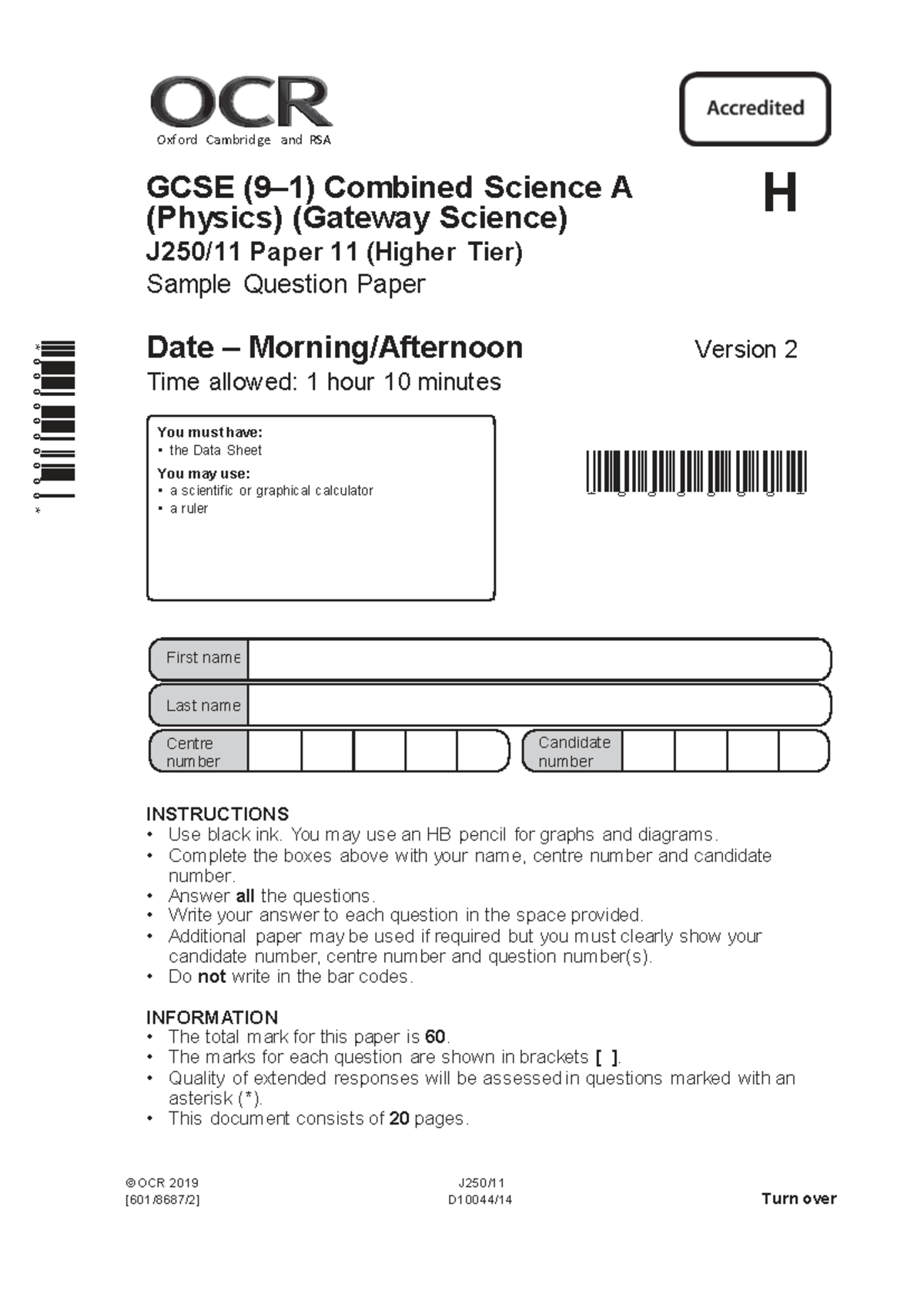 OCR H GCSE Combined Science A (Physics) Paper 11 Sample Questions - Studocu