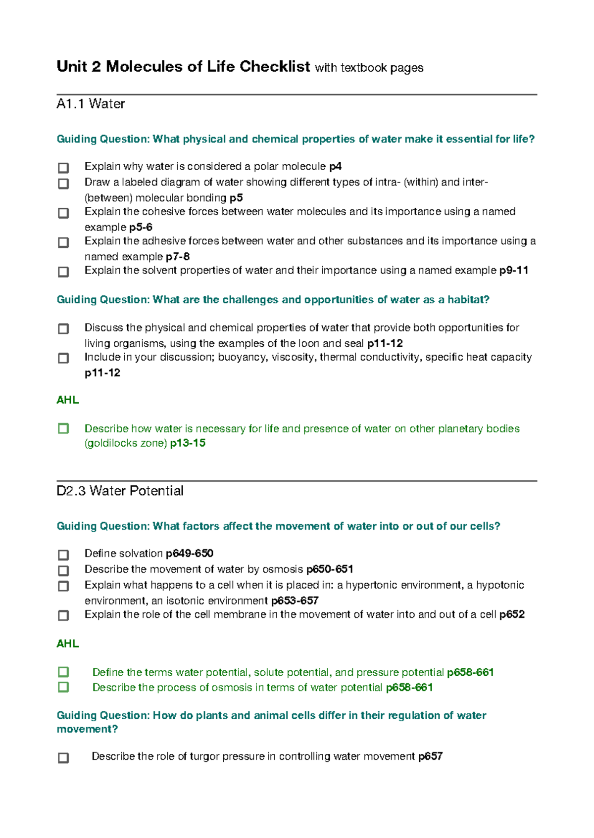 Unit 2: Molecules of Life Checklist and Key Concepts - Studocu