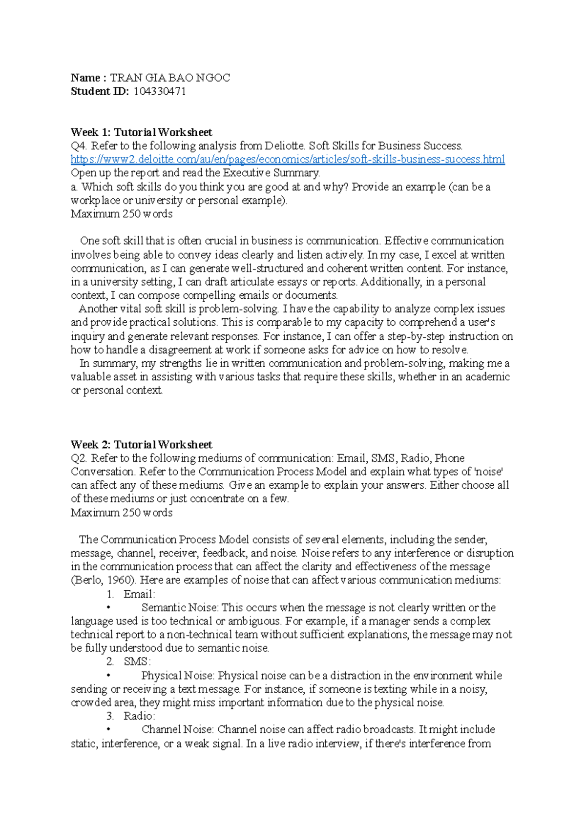 Worksheet Assessment COM10007 - Name : TRAN GIA BAO NGOC Student ID ...