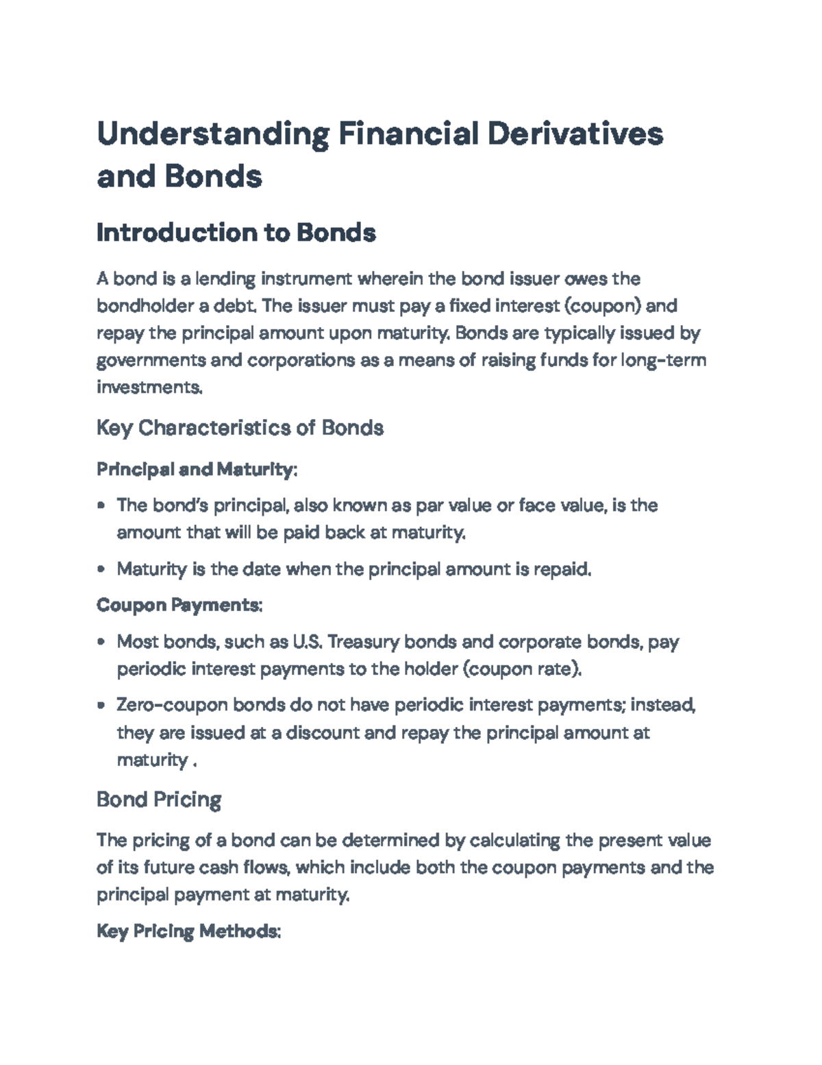 Financial Derivatives and Bonds: Key Concepts and Pricing Techniques ...