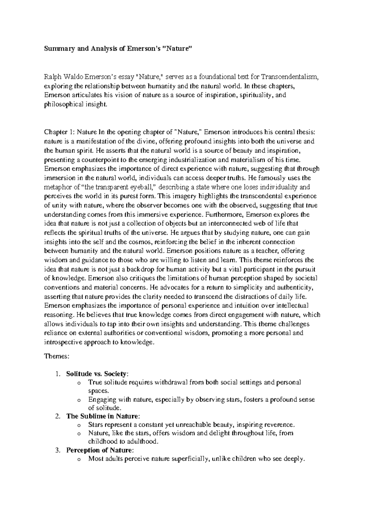 Summary and Analysis of Emerson's Nature (ENG 101) - Studocu