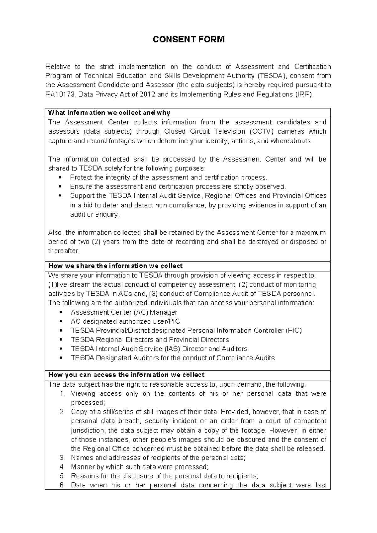 CCTV Consent Form - TESDA Assessment Privacy Policy and Guidelines ...