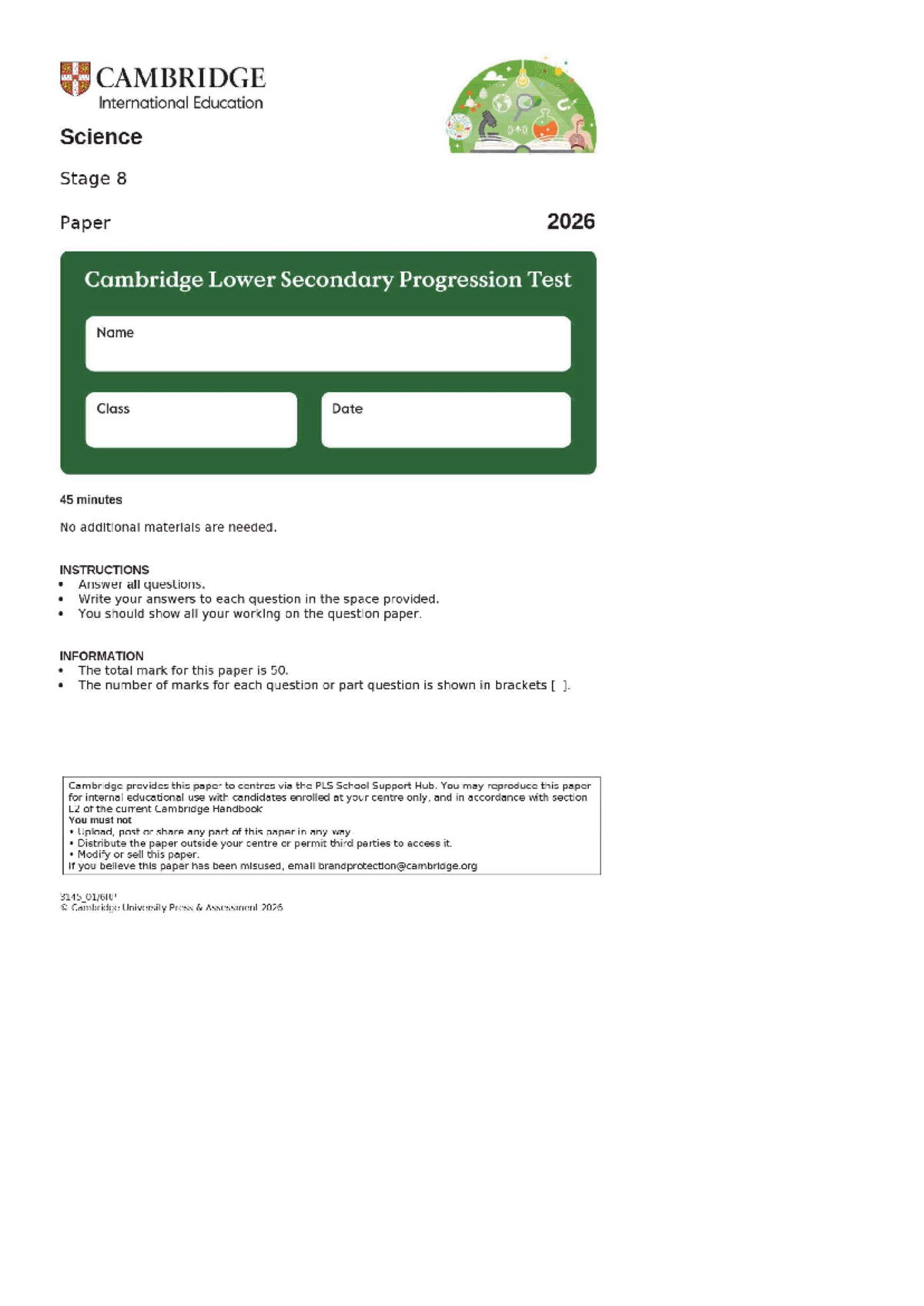 Cambridge Lower Secondary Science Stage 8 Progression Test Paper 2026 ...