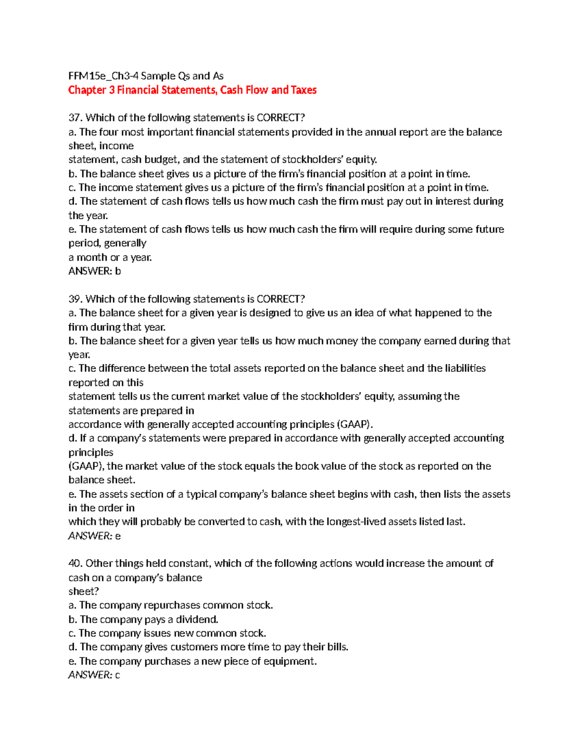 Ch3 Sample Qs & As on Financial Statements, Cash Flow & Taxes - Studocu