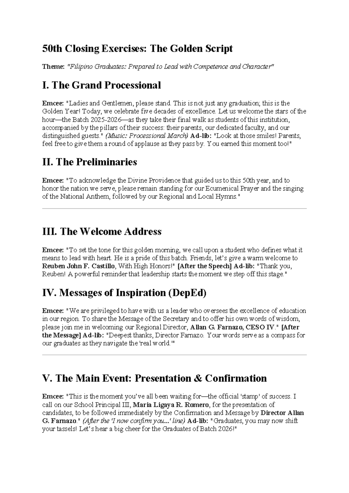 50th Closing Exercises Emcee Script: Celebrating Graduates' Leadership ...