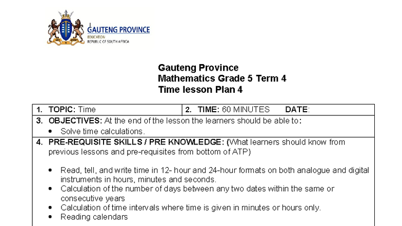 Gauteng Province Grade 5 Mathematics Term 4 Lesson Plan: Time - Studocu