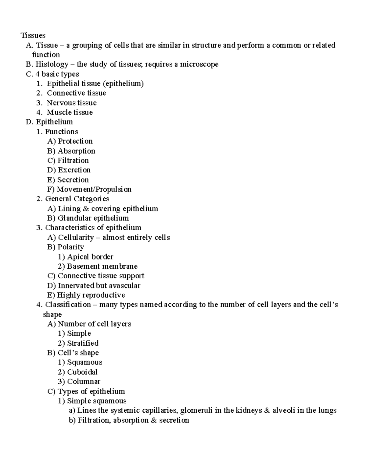 Tissues Notes: Histology Overview and Types of Tissues (BIO 101) - Studocu