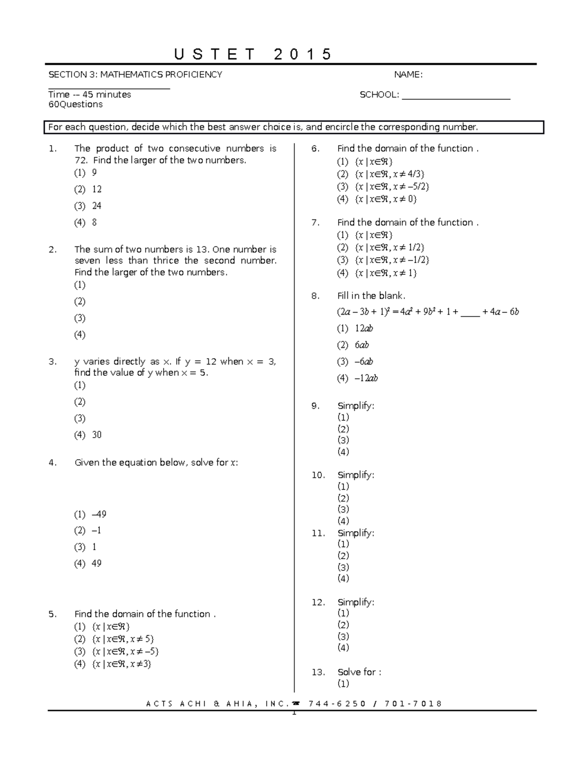 Ustet 2015 Simulated Math Proficiency Exam Section 3 v.8 - Studocu
