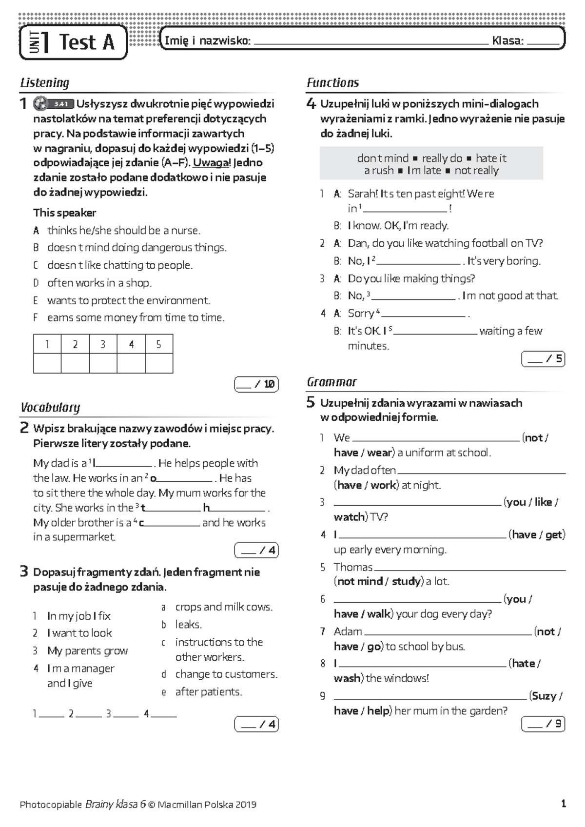 Brainy KL6 Unit Test 1A: Listening & Vocabulary Exercises - Studocu