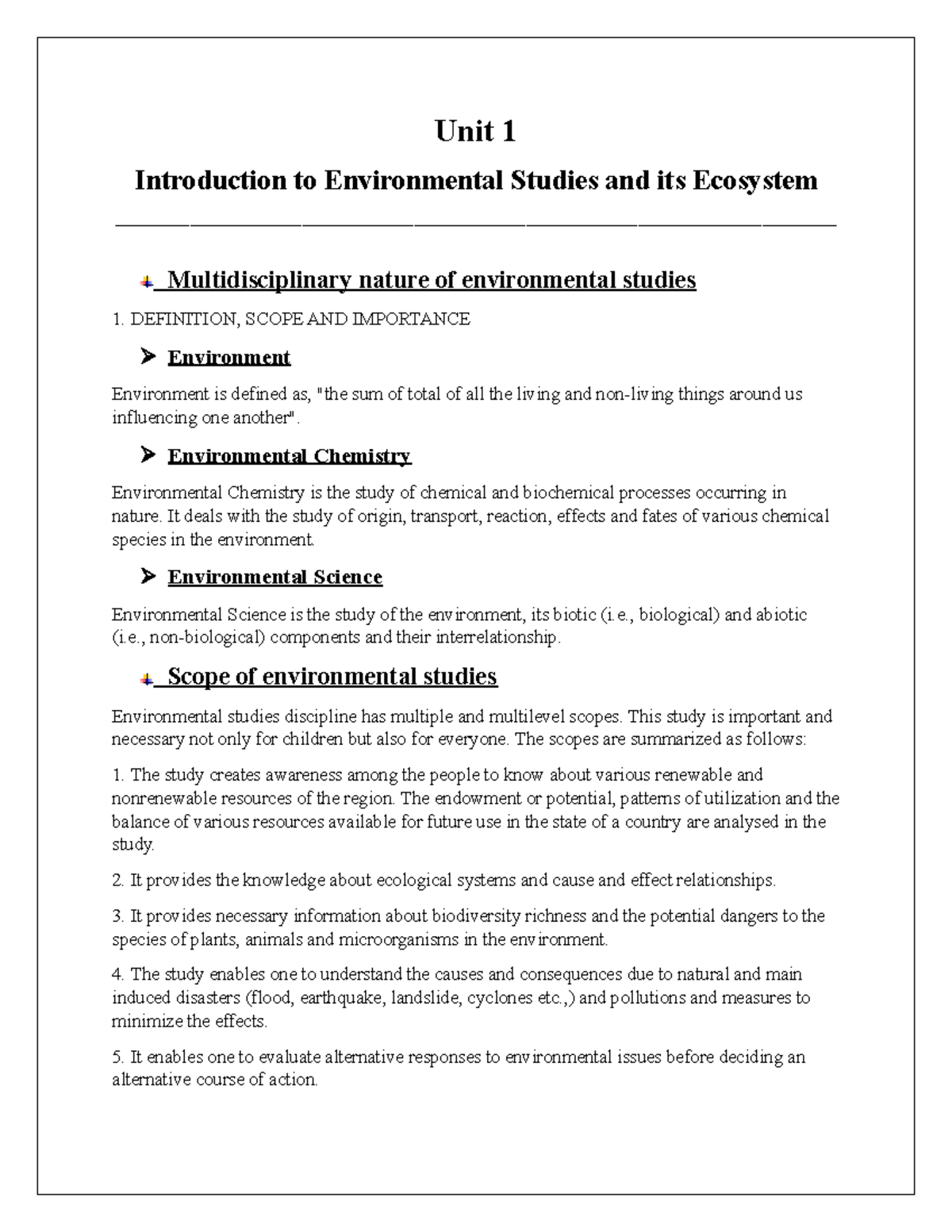 Unit 1 EVS: Introduction to Environmental Studies and Ecosystems - Studocu