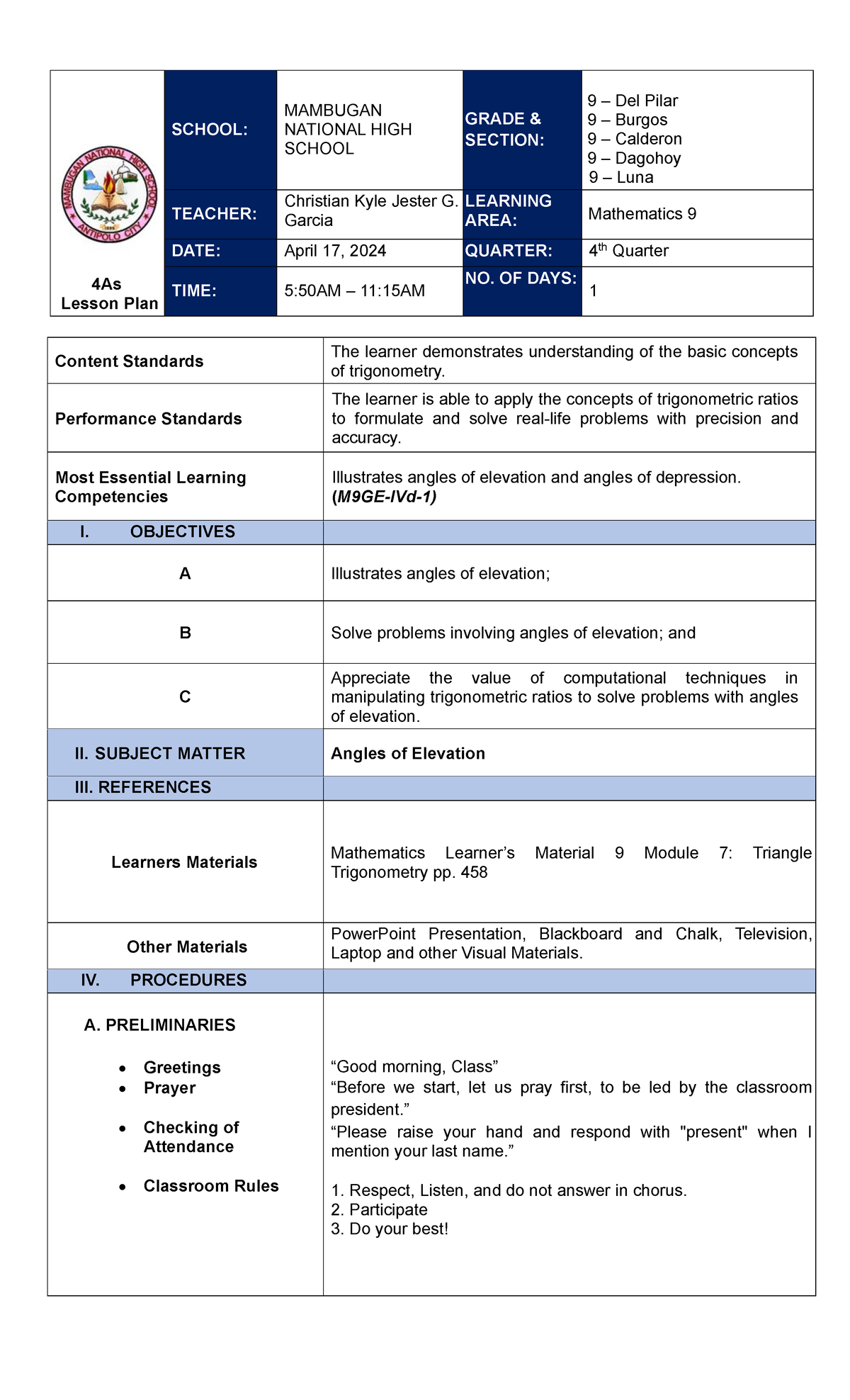 Mathematics 9 Lesson Plan: Understanding Angles of Elevation - Studocu