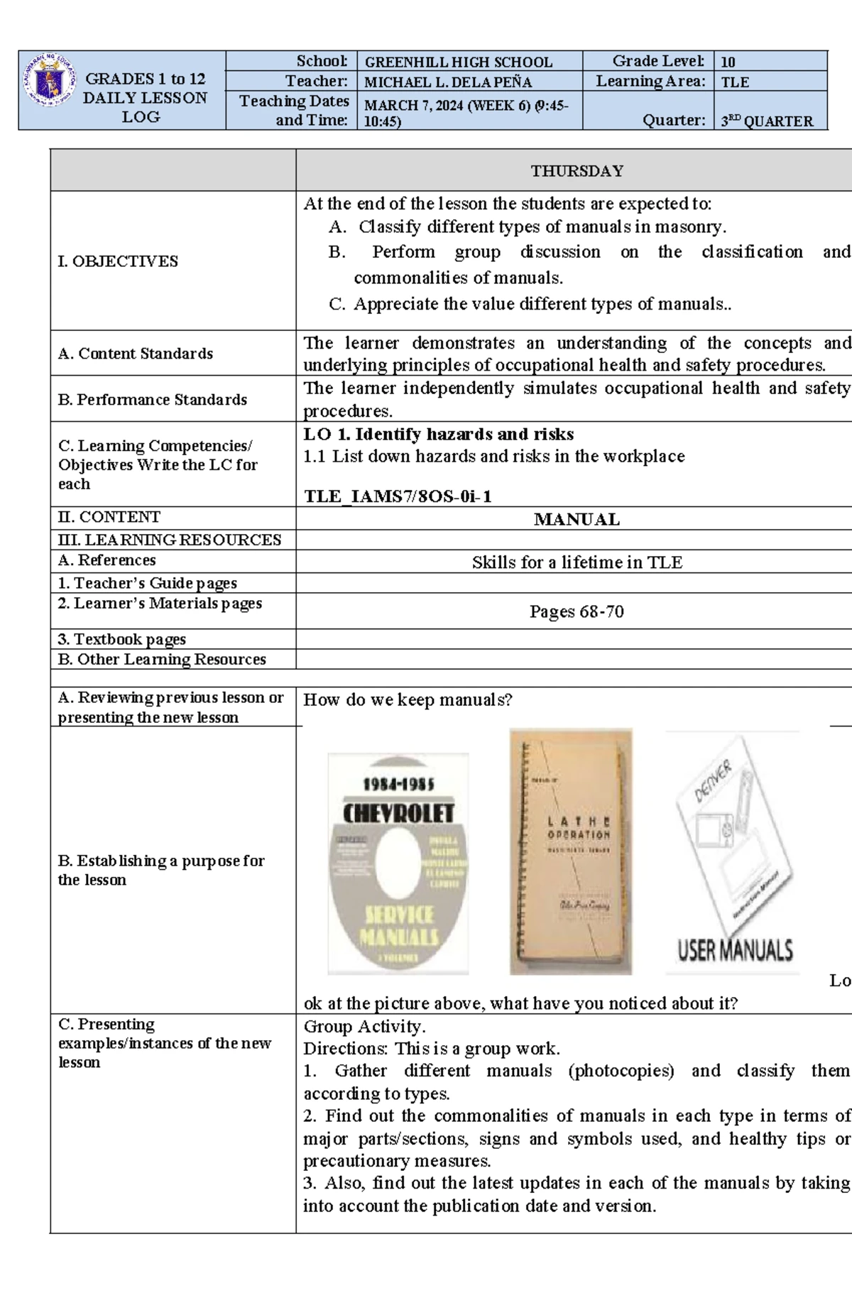 Q2 Wk2 Lesson Plan for TLE - Proper Use of T-Square & Inventory Forms ...