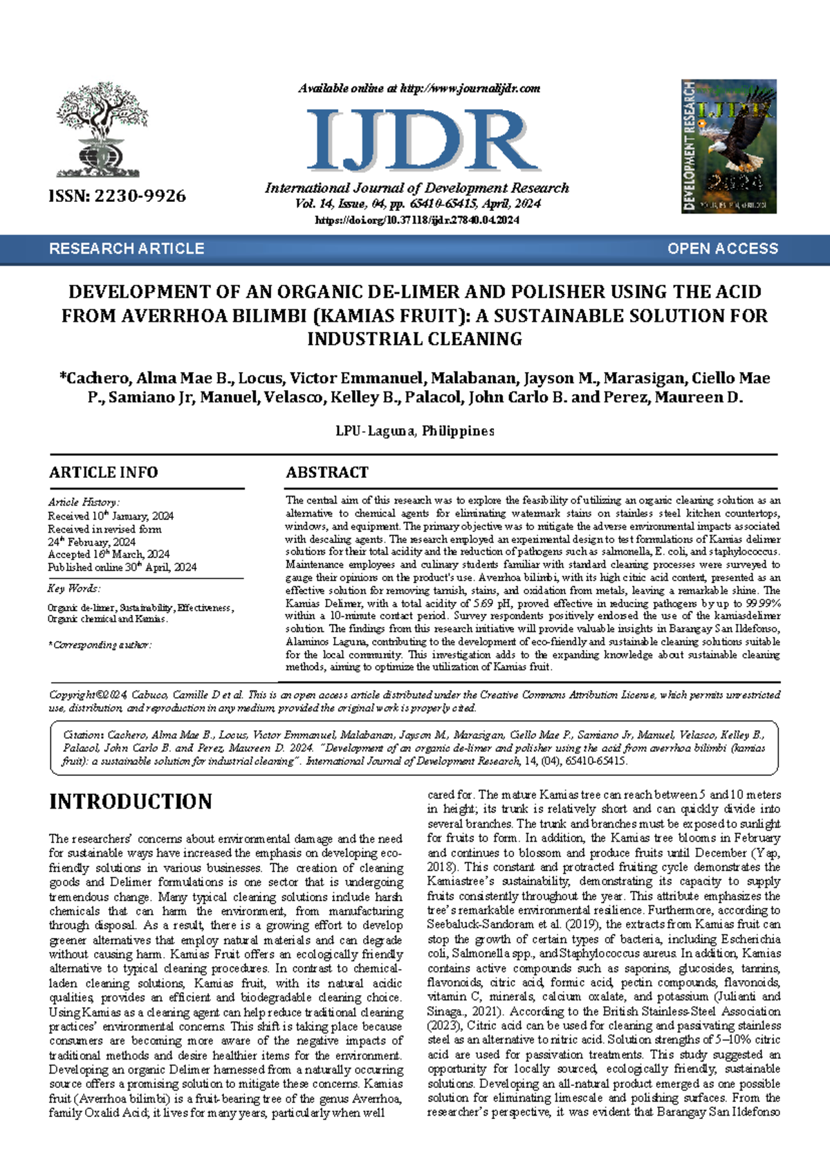 Development of an Organic Delimer Using Averrhoa Bilimbi (Kamias) for ...