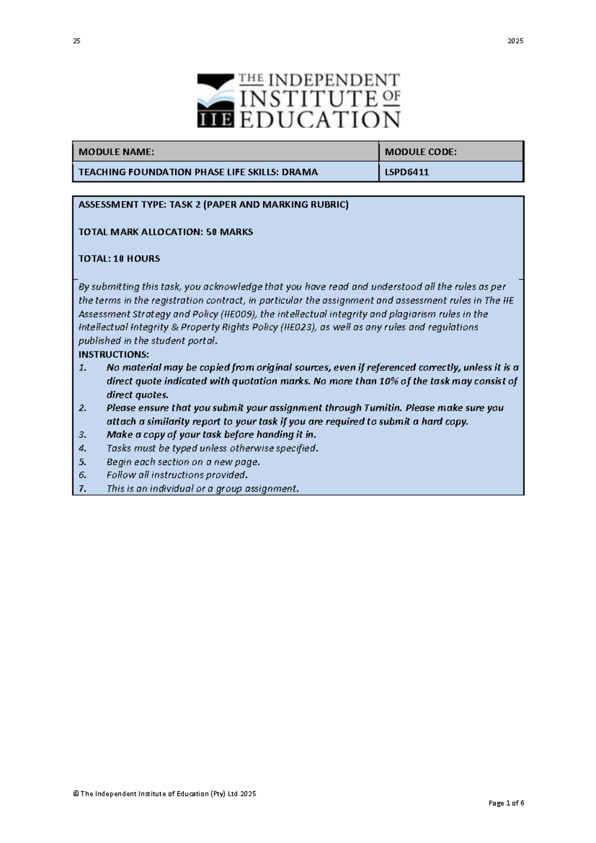 LSPD6411 Task 2: Drama lesson planning and assessment rubric - Studocu